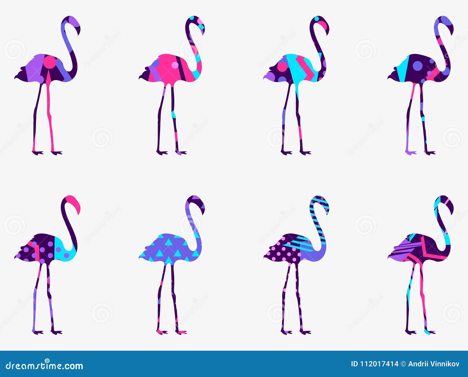 Flamingo with a Pattern of Geometric Shapes, Memphis Style. a Set of ...