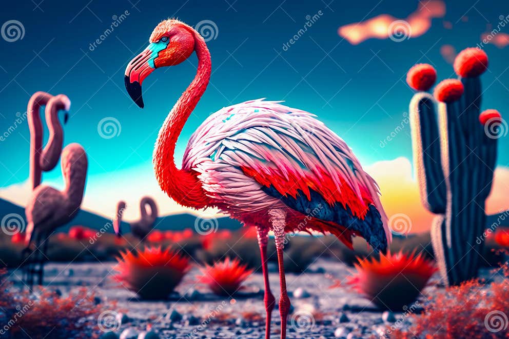 Flamingo Standing in the Middle of Desert with Cactus in the Background ...