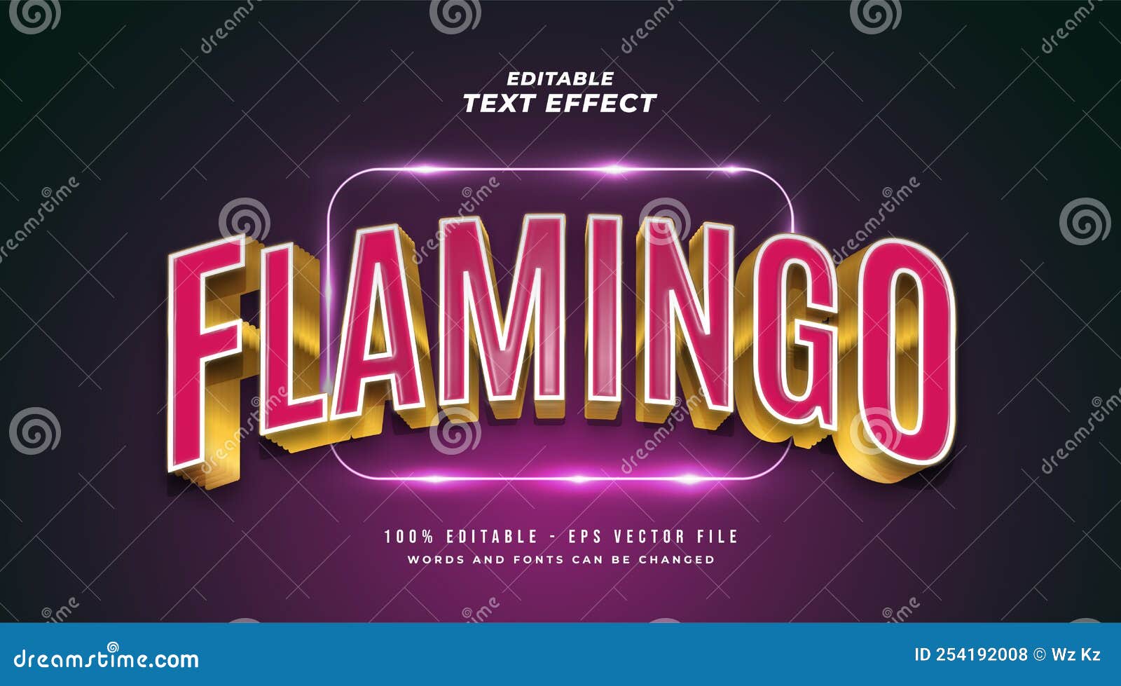 Flamingo Text in Pink and Gold with 3D Embossed and Curved Effect Stock ...