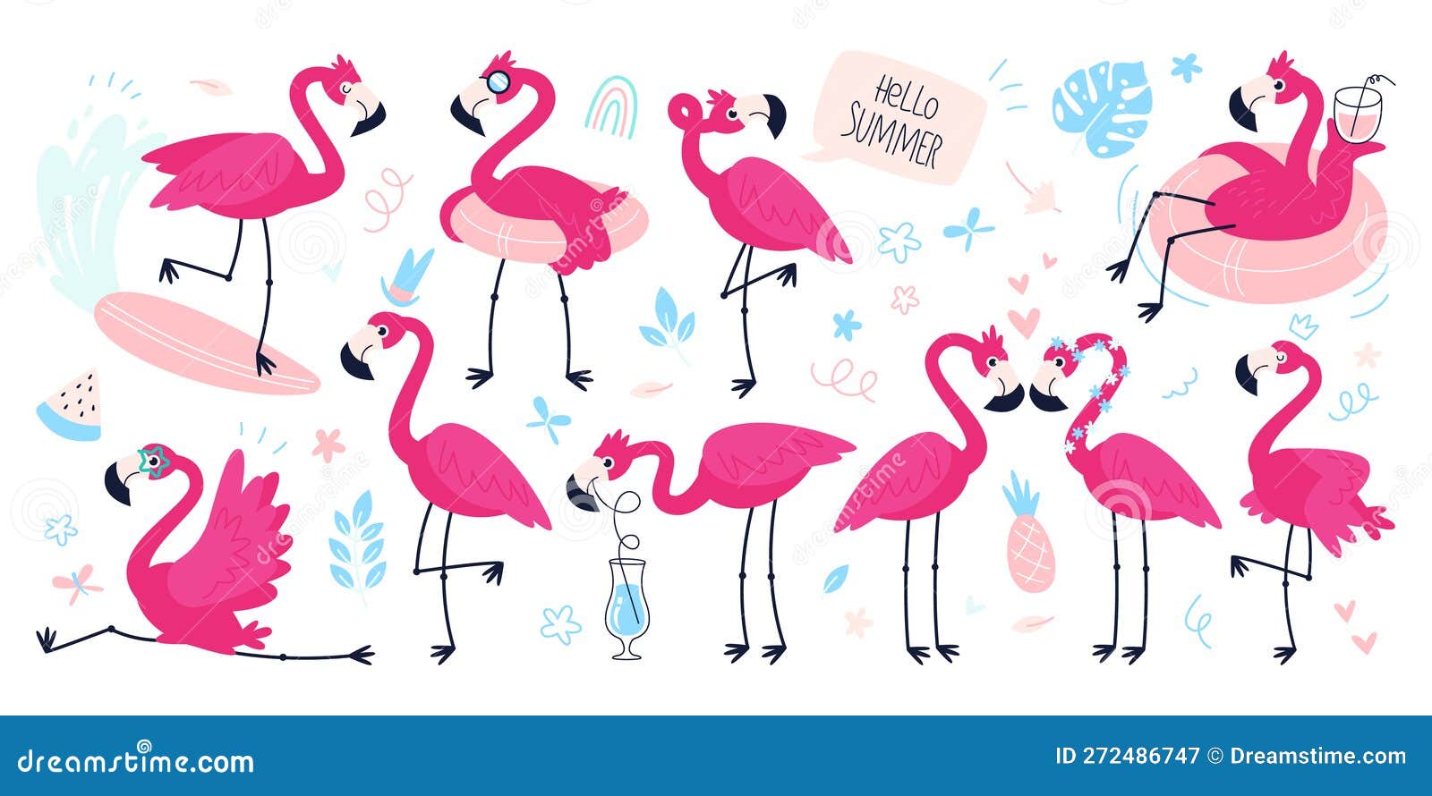 Flamingos Characters Flat Illustrations Set. Stock Vector ...