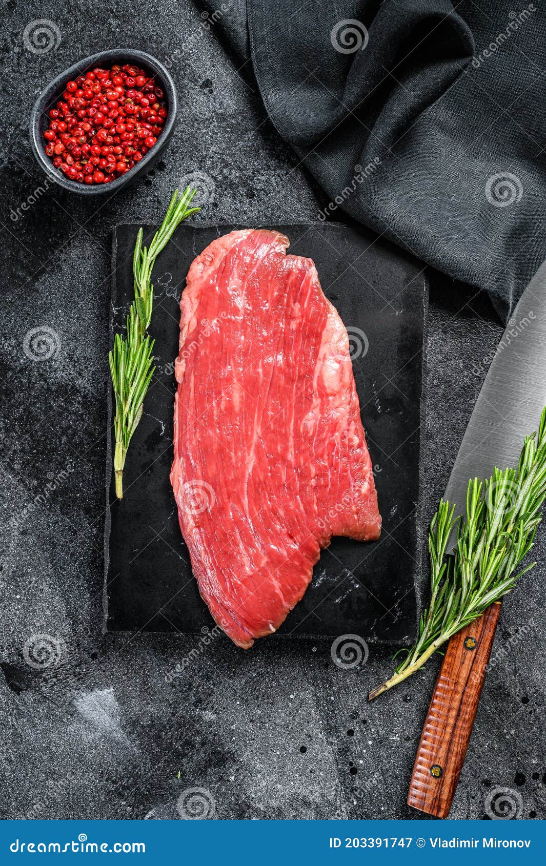 Flank Steak. Raw Marble Beef Meat Black Angus. Black Background Stock ...