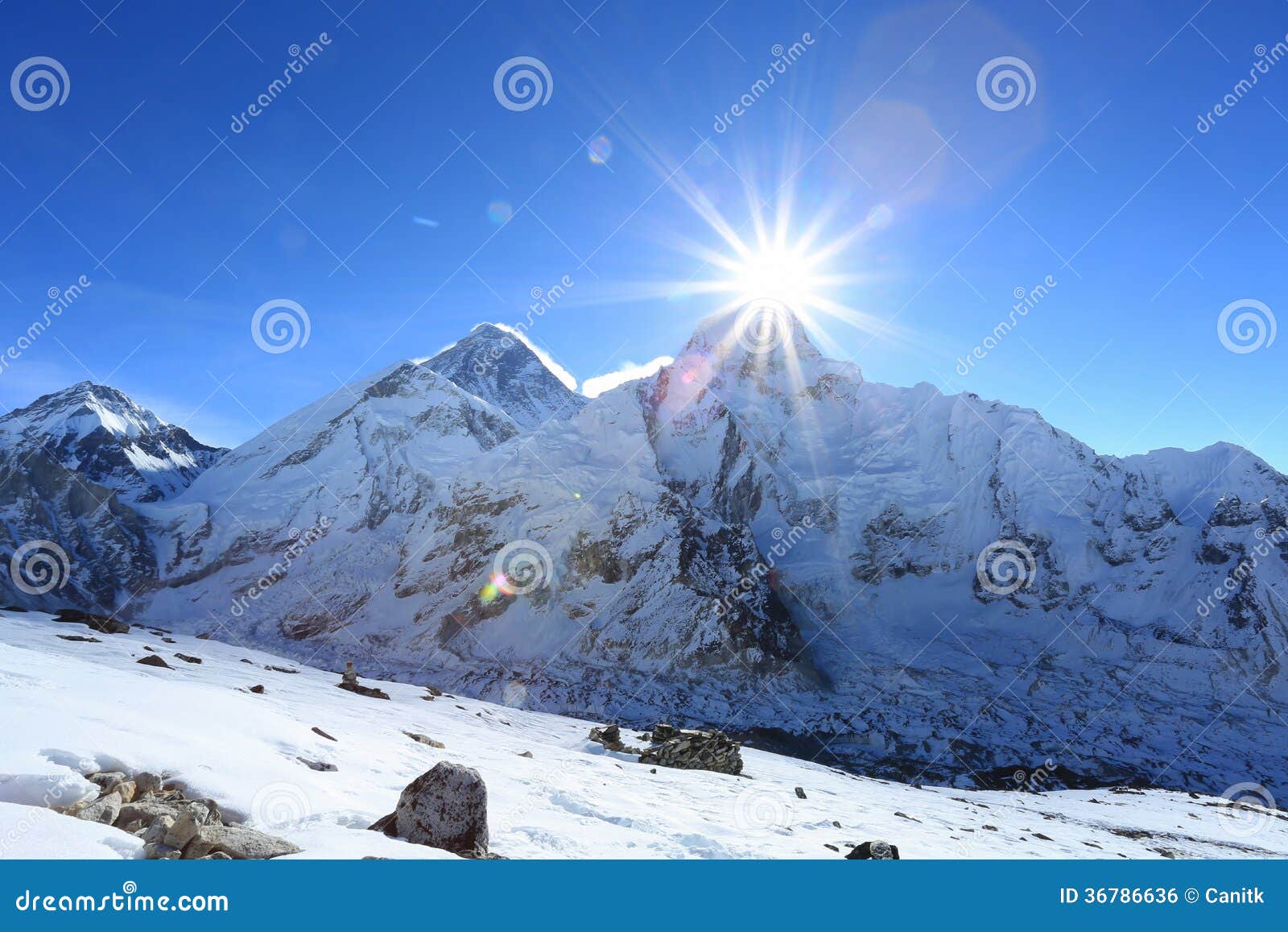 Flare Over Nuptse Summit beside of Everest Stock Photo - Image of ...