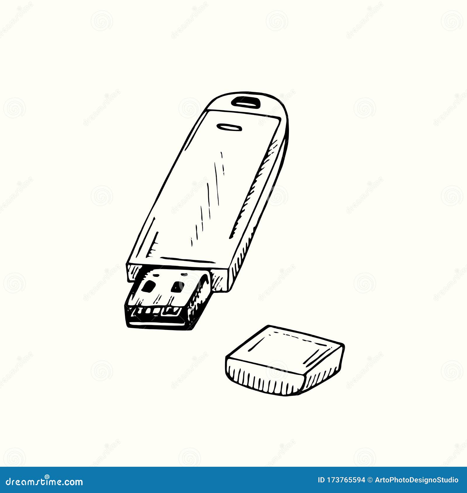 Flash Drive Hand Drawn Doodle, Drawing in Gravure Style, Sketch ...