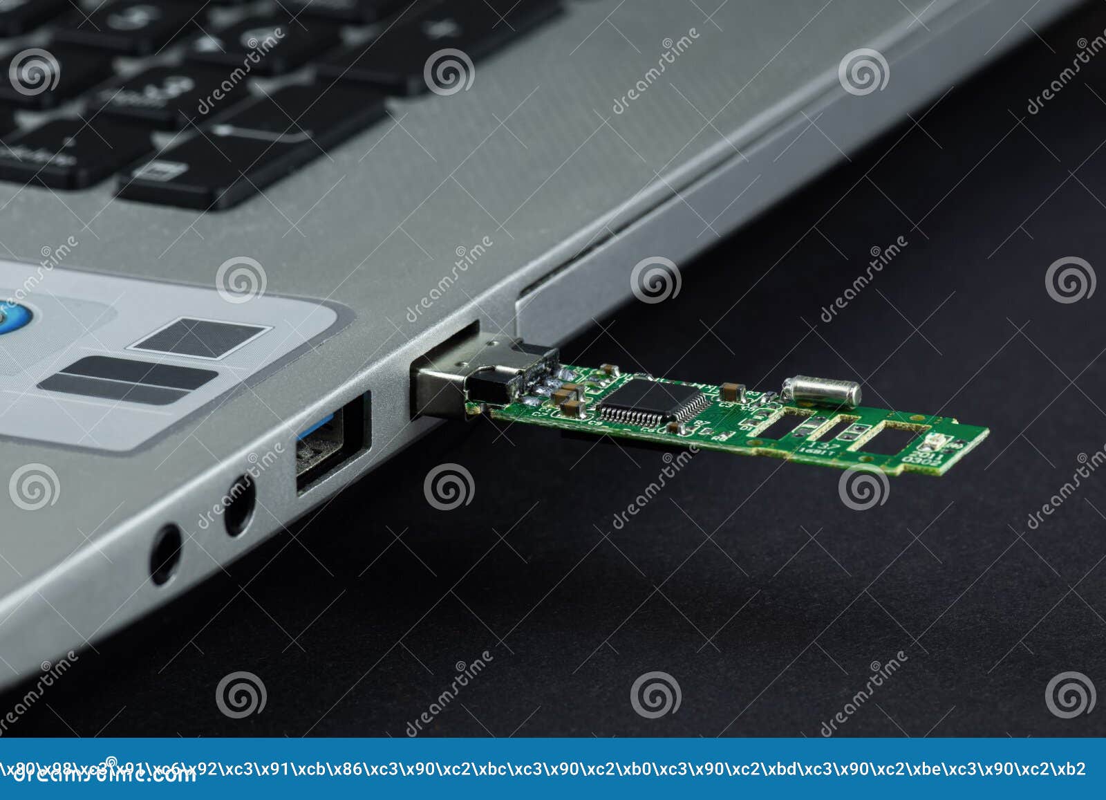 Flash drive in the laptop stock photo. Image of board - 214233324