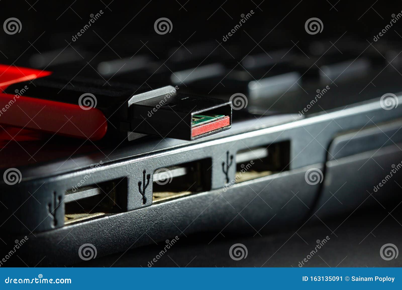 Flash Drive in USB Port of Computer Notebook in Darkness. Stock Image ...