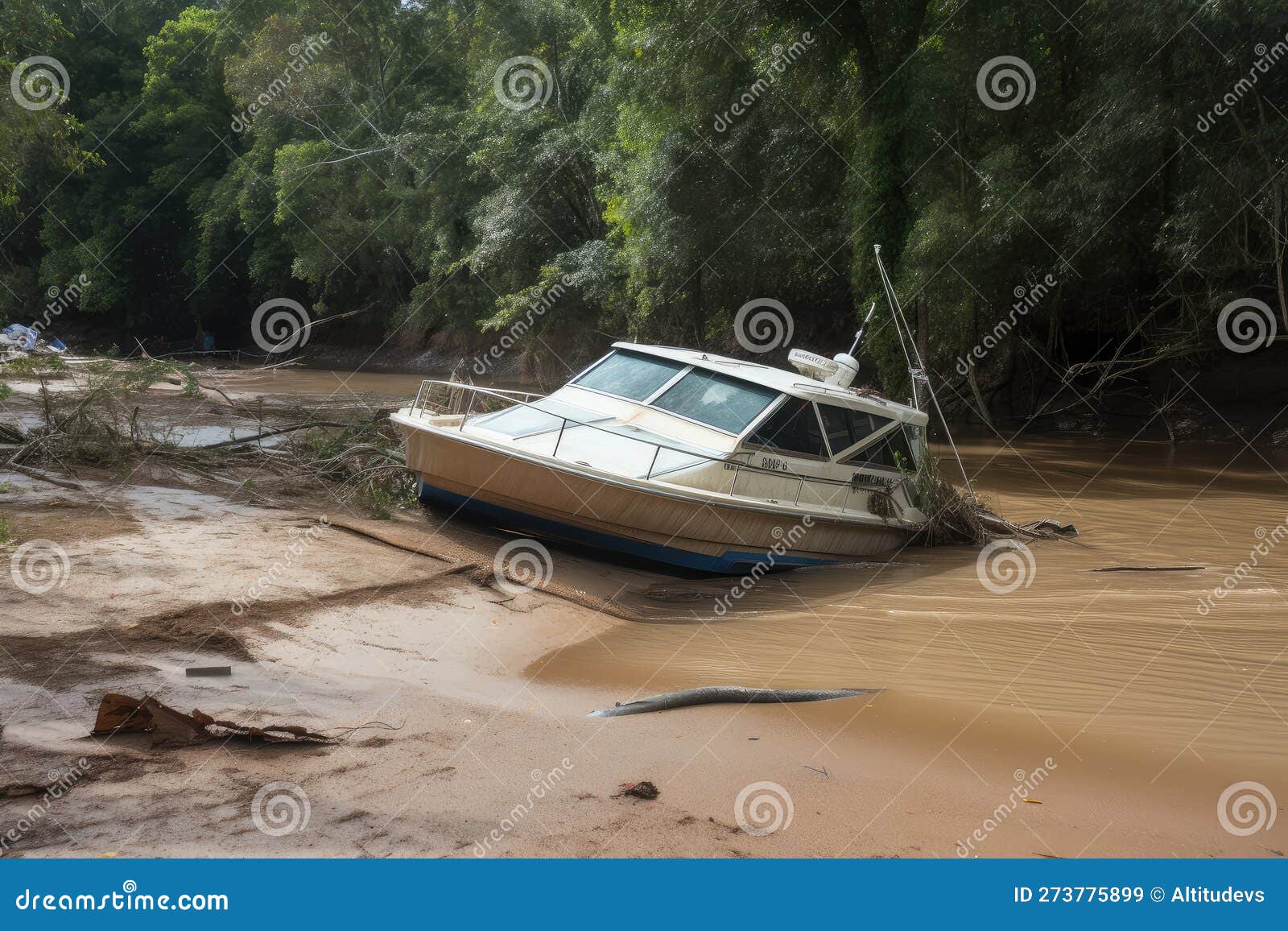 Flash Flood Causes a Boat To Capsize and Float Downstream Stock ...