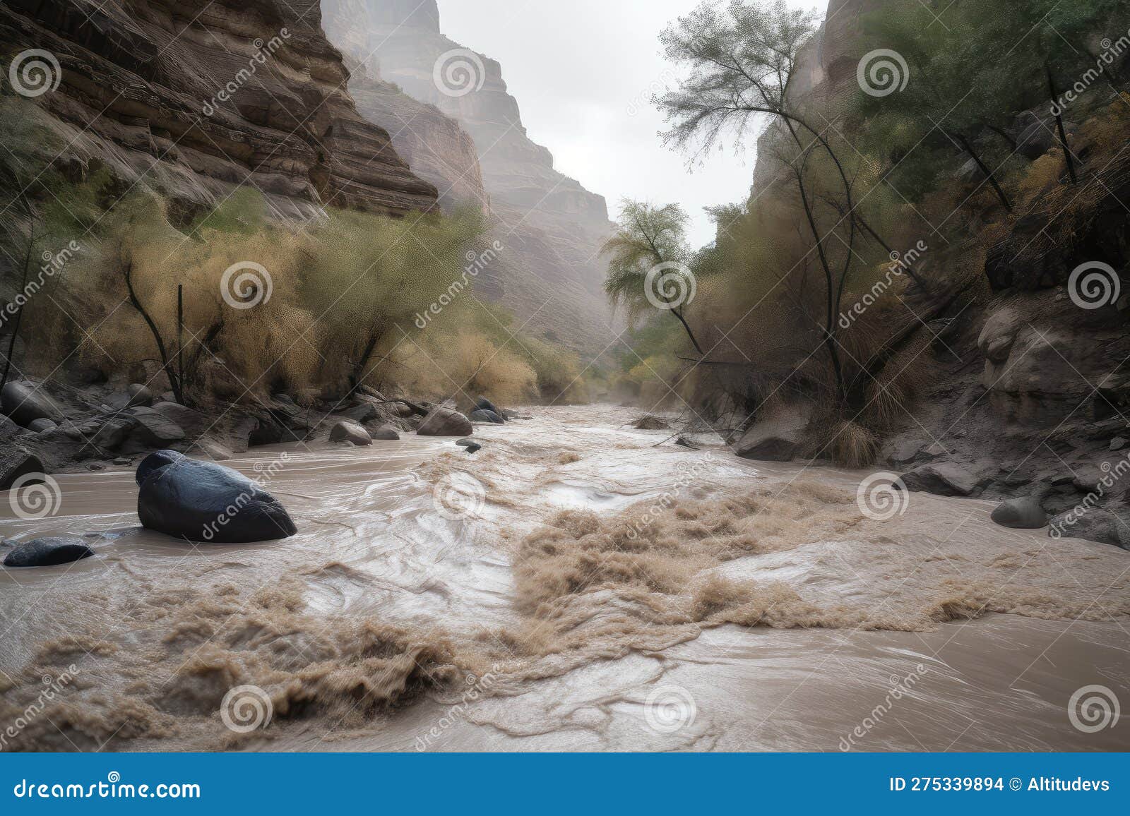 Flash Flood Rushes through Deep and Winding Canyon, with Trees and ...