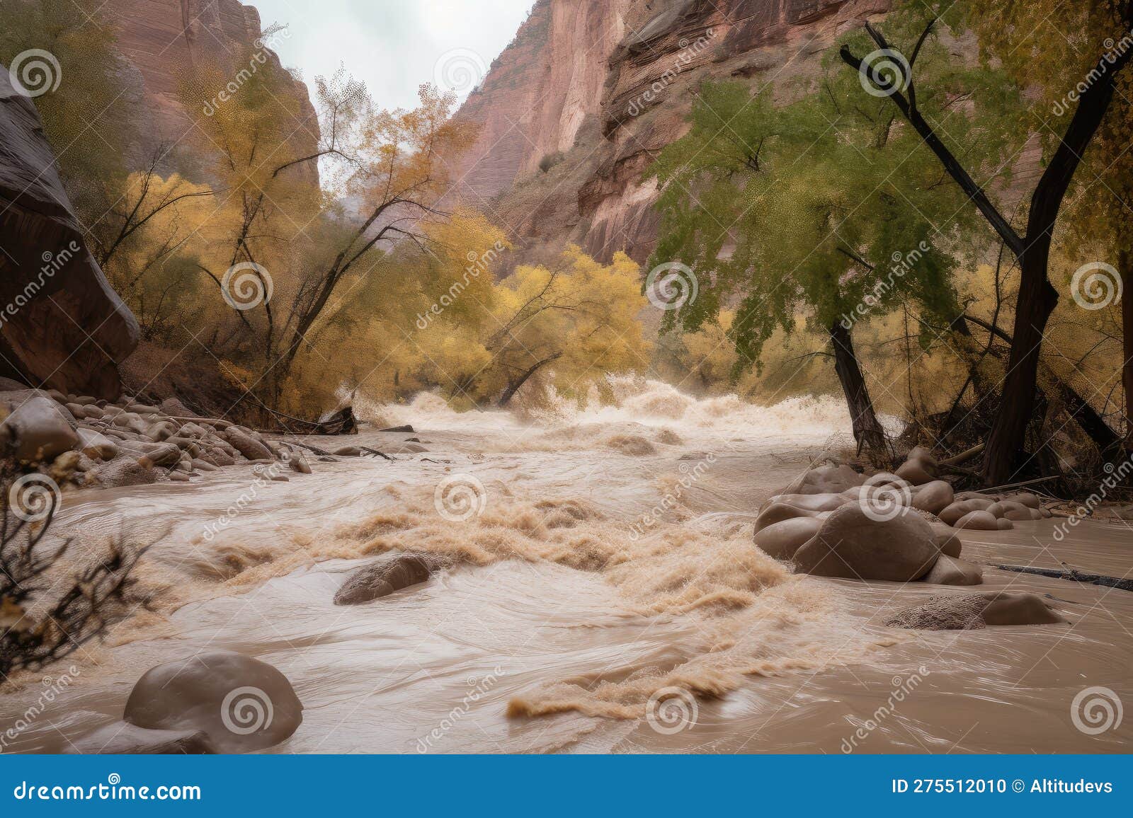 Flash Flood Rushes through Deep and Winding Canyon, with Trees and ...
