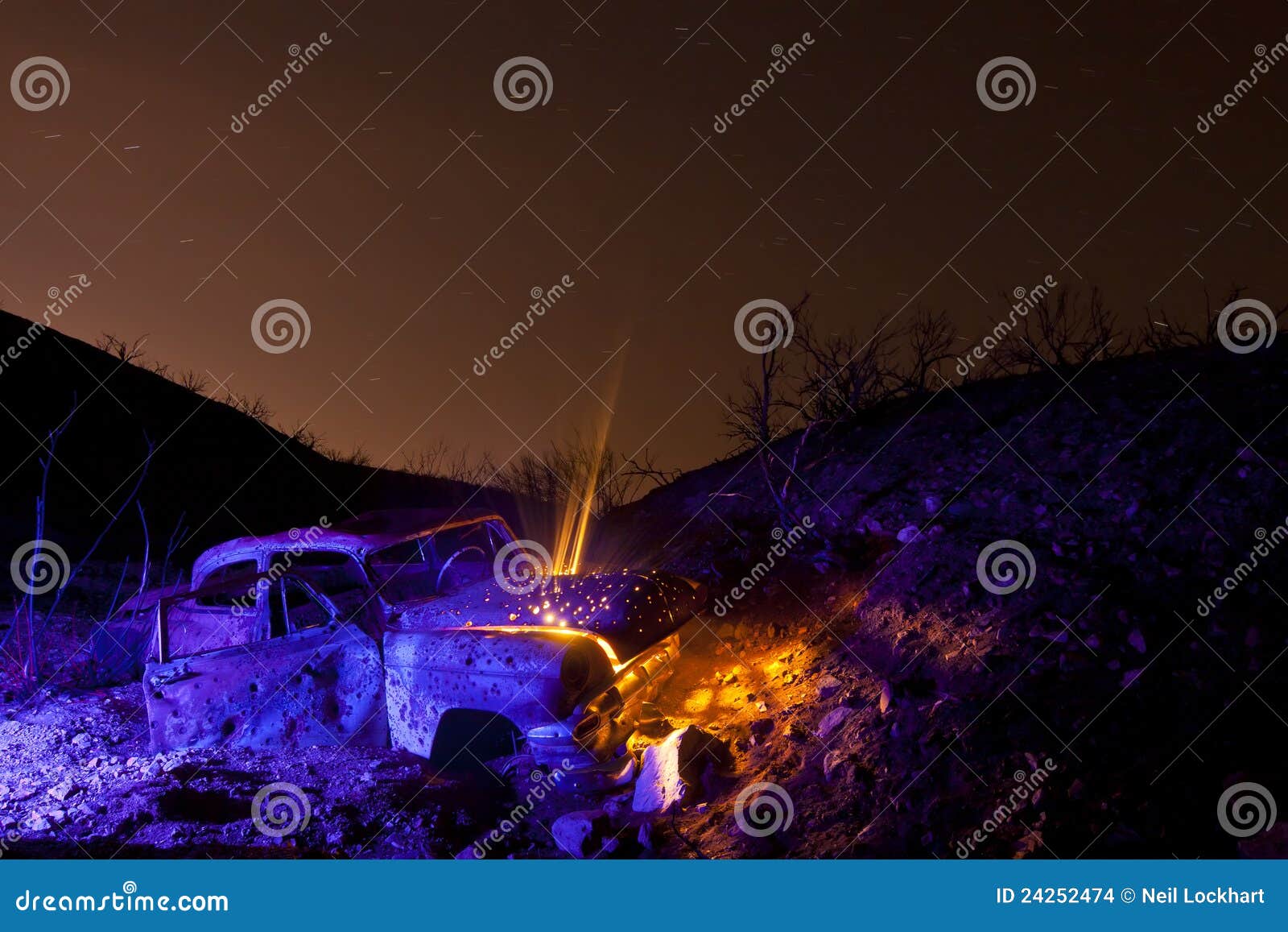 Flash Lit Old Car with Light Beams Stock Photo - Image of fire, beams ...