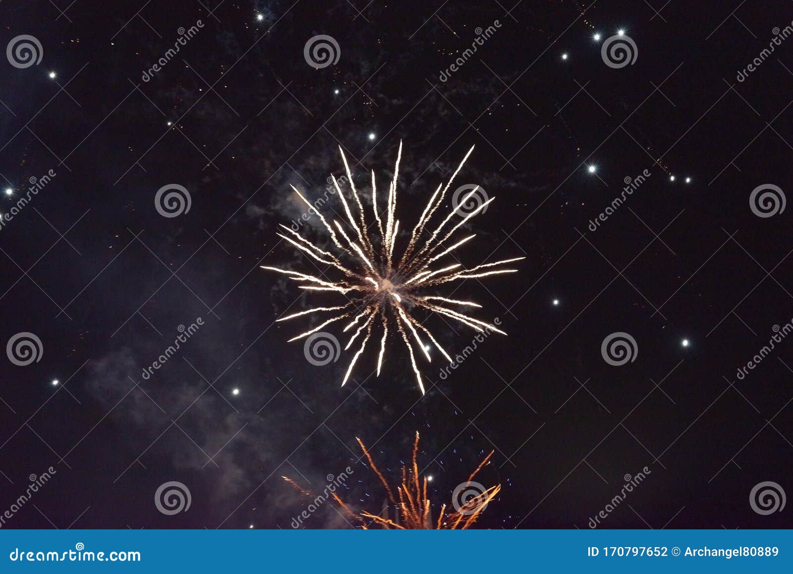A Flash of Plain White and Orange Fireworks. in the Night Sky Stock ...