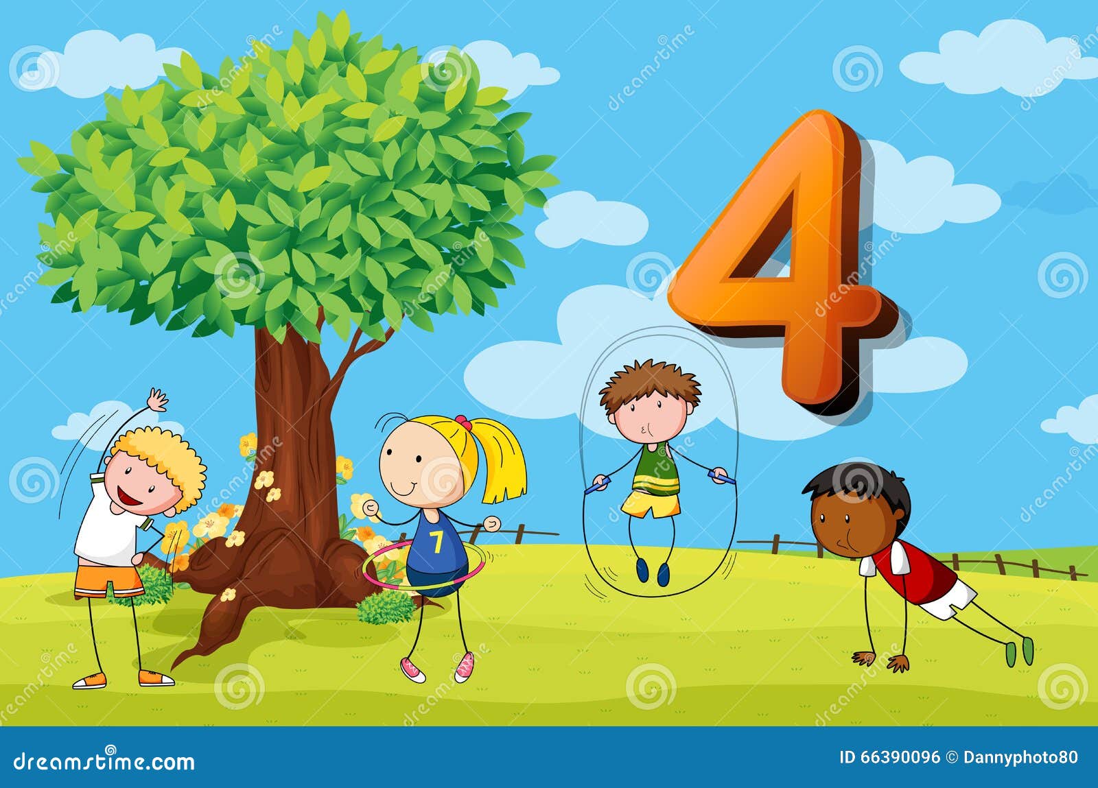 Flashcard Number 4 with Four Children in the Park Stock Vector ...
