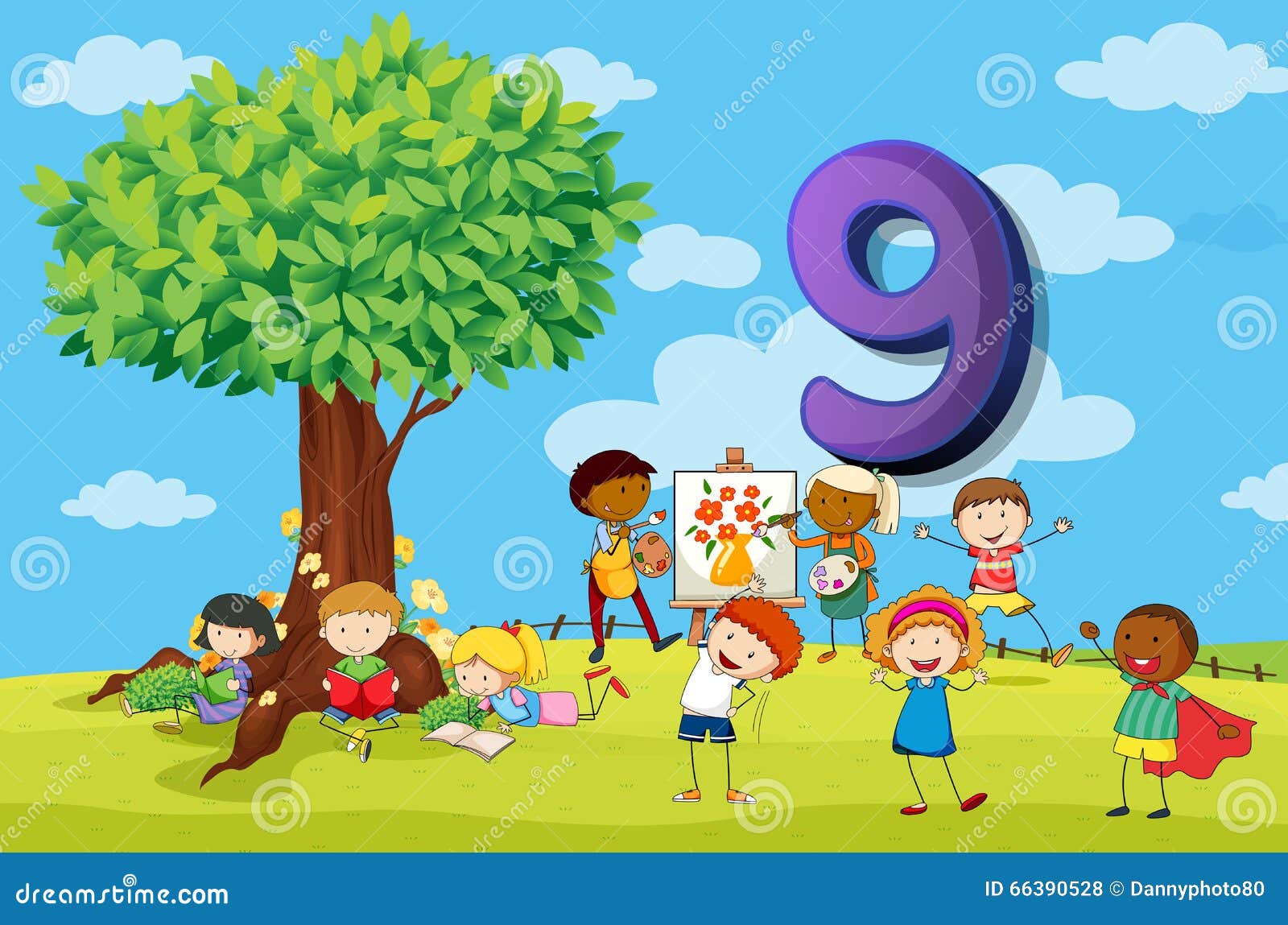 Flashcard Number 9 with Nine Children in the Park Stock Vector ...