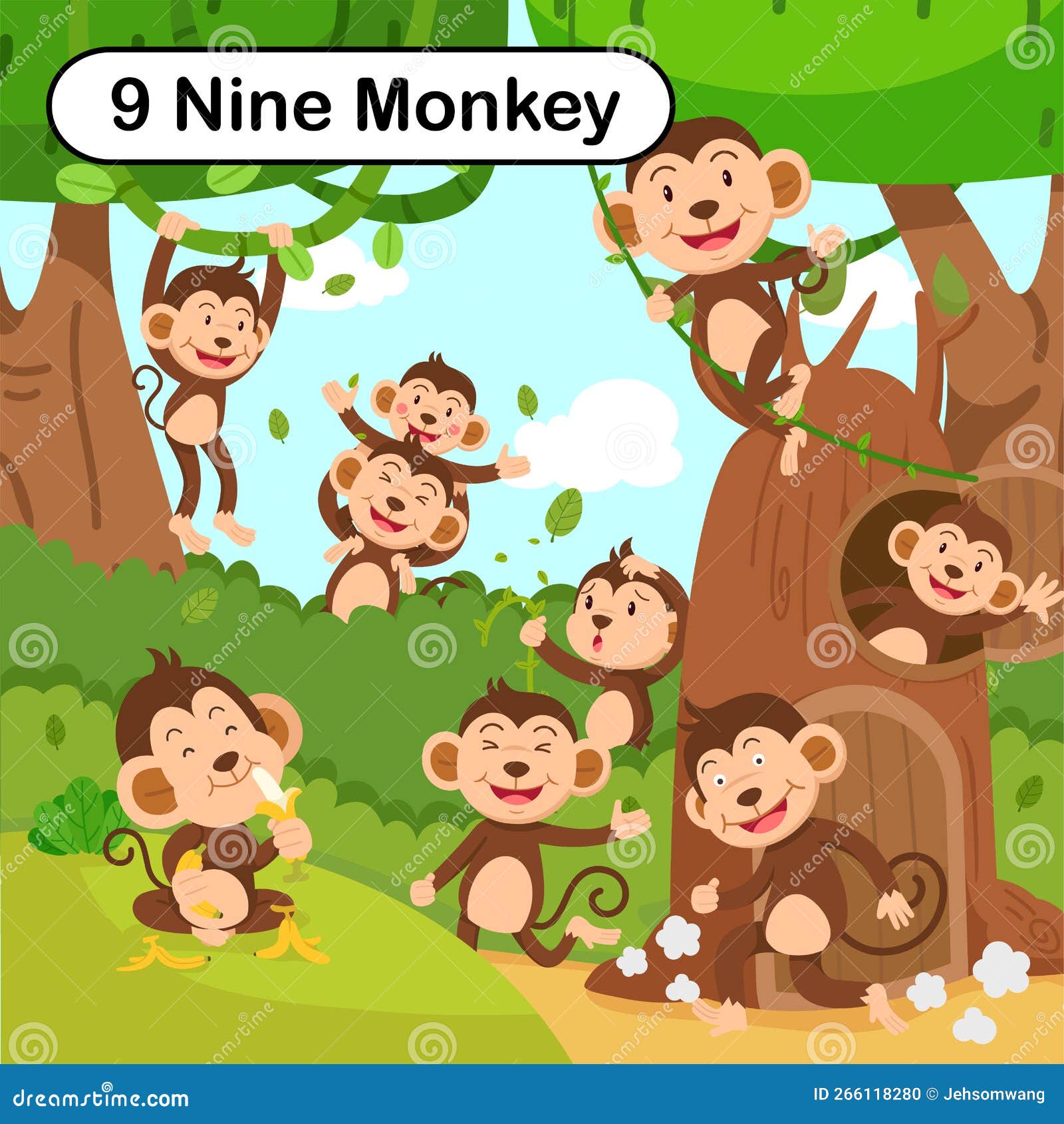 Flashcard Number Nine with 9 Monkey Learning for Kid Stock Vector ...