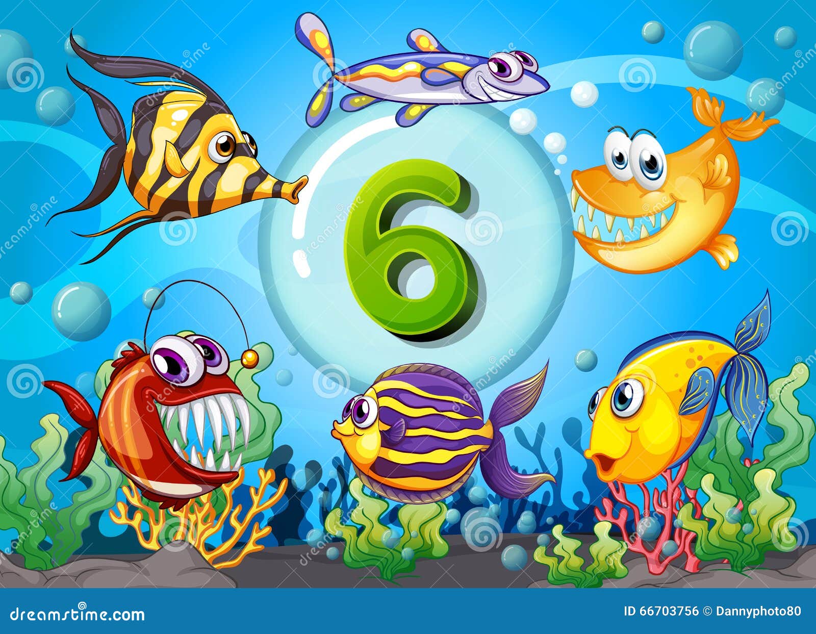 Flashcard Number Six with 6 Fish Underwater Stock Vector - Illustration ...