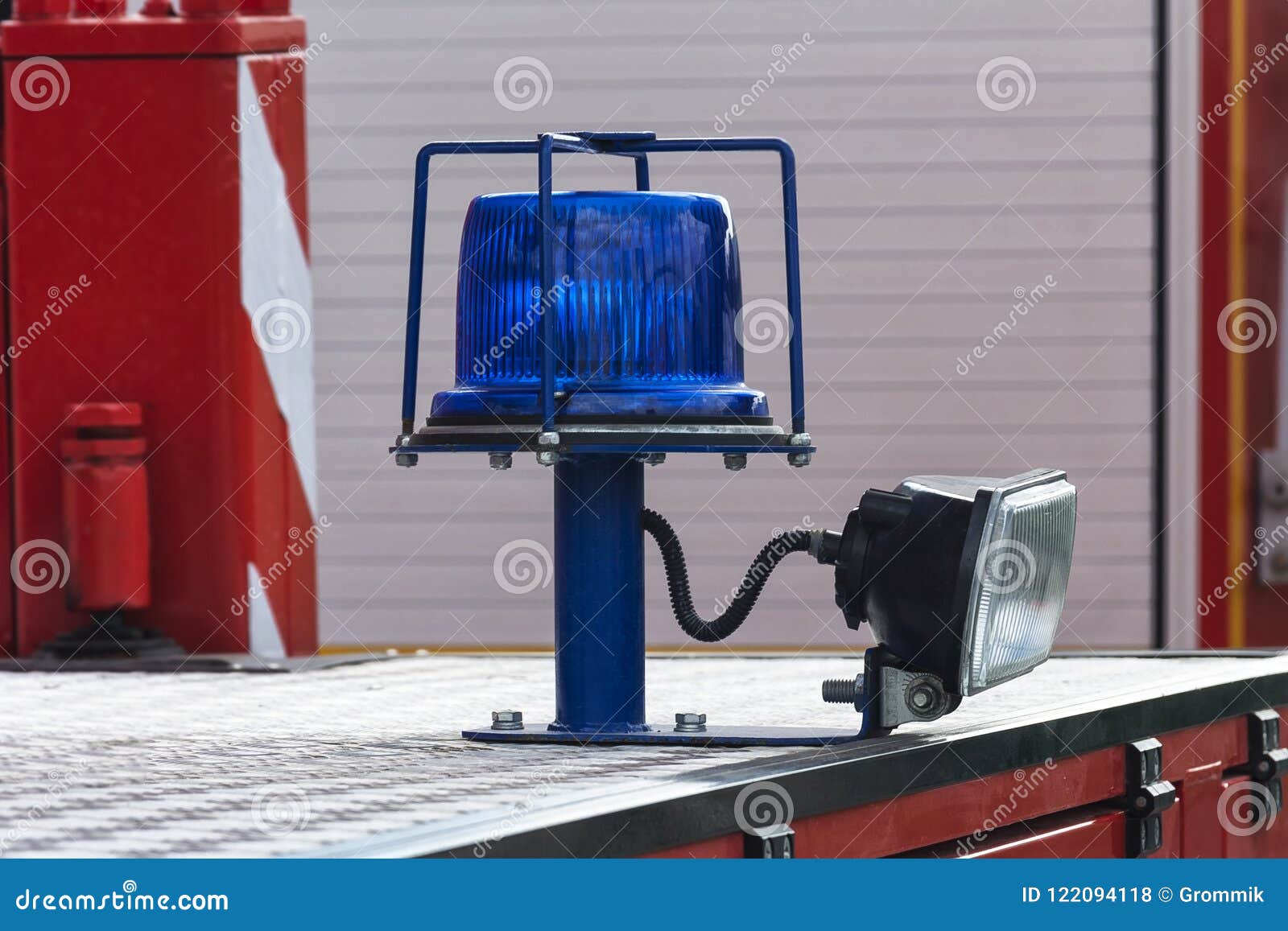 Flashing Beacon of Blue Color and Spotlight for Lighting in the Stock ...