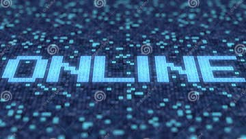 Flashing Hexadecimal Symbols on a Blue Computer Screen Compose ONLINE Word. 3D Rendering Stock ...