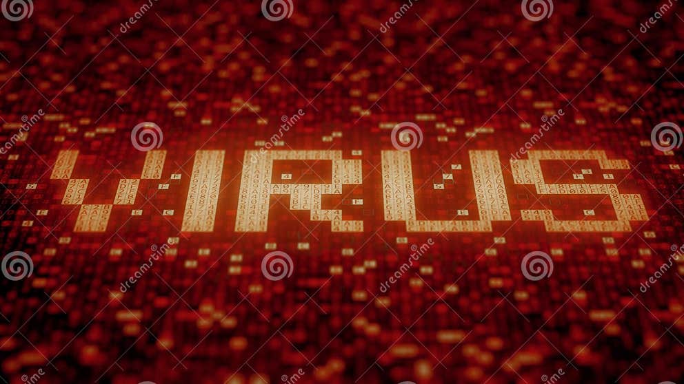 Flashing Hexadecimal Symbols on a Red Computer Screen Compose VIRUS Word. 3D Rendering Stock ...