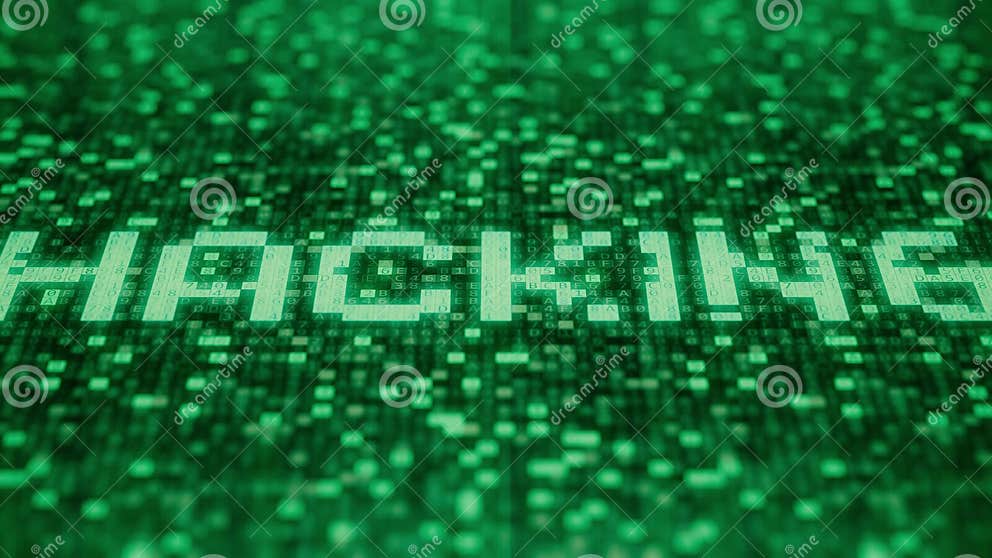Flashing Symbols on a Green Computer Screen Compose HACKING Word. 3D Rendering Stock ...