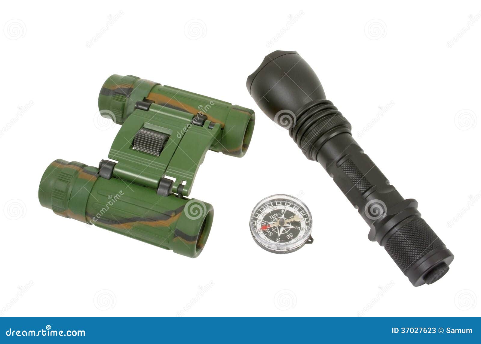 Flashlight, Compass, Binoculars Stock Image - Image of glass, closeup ...