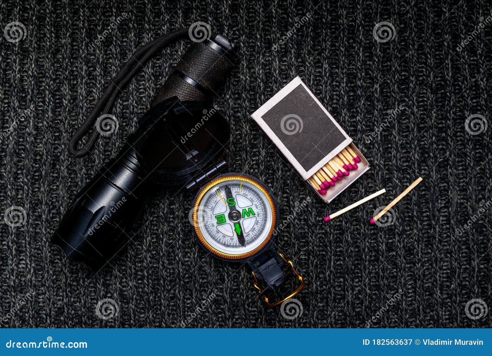 Flashlight, Compass, Matches, Hiking Tools Stock Image - Image of ...