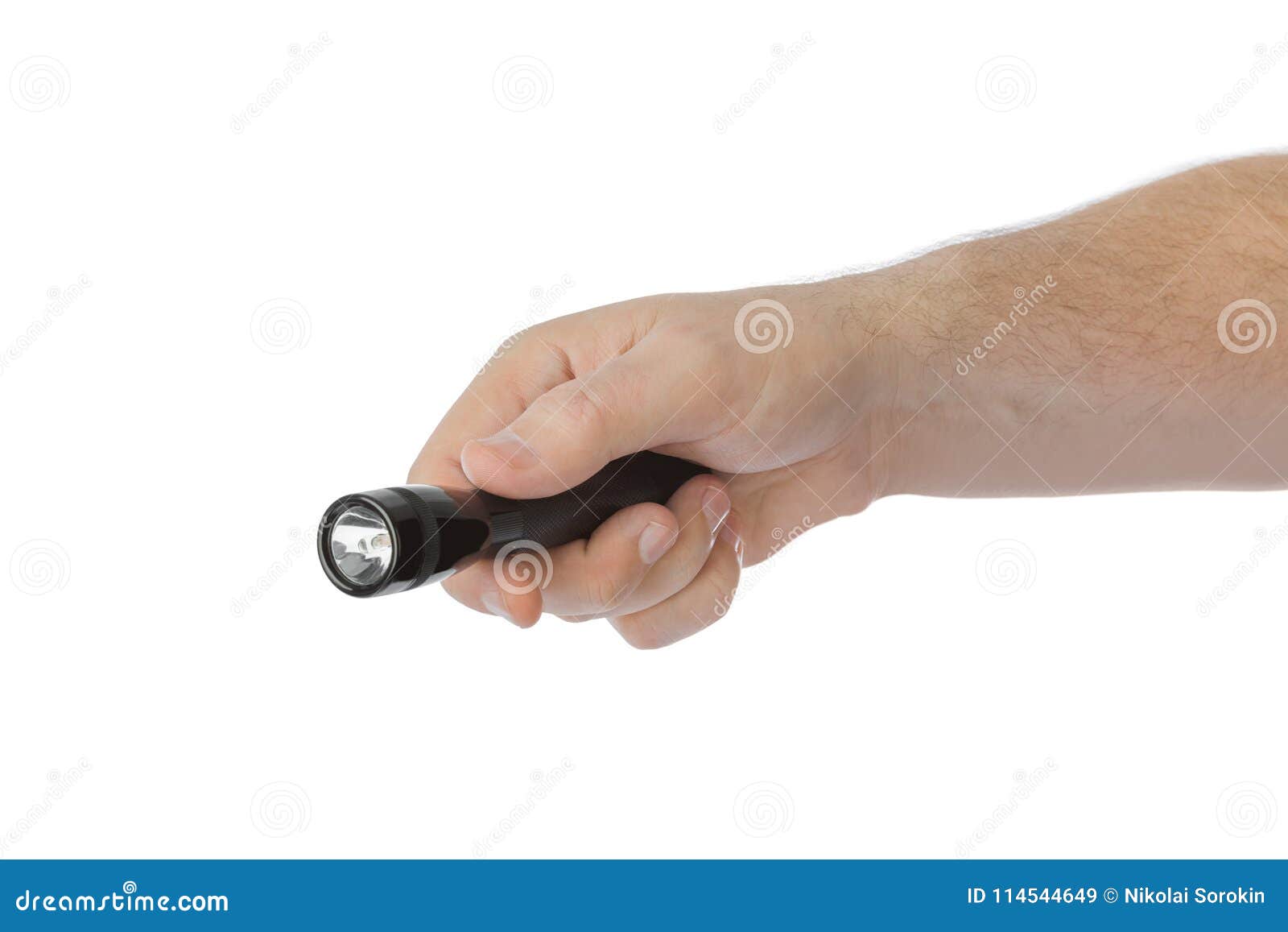 Flashlight in hand stock image. Image of battery, beam - 114544649