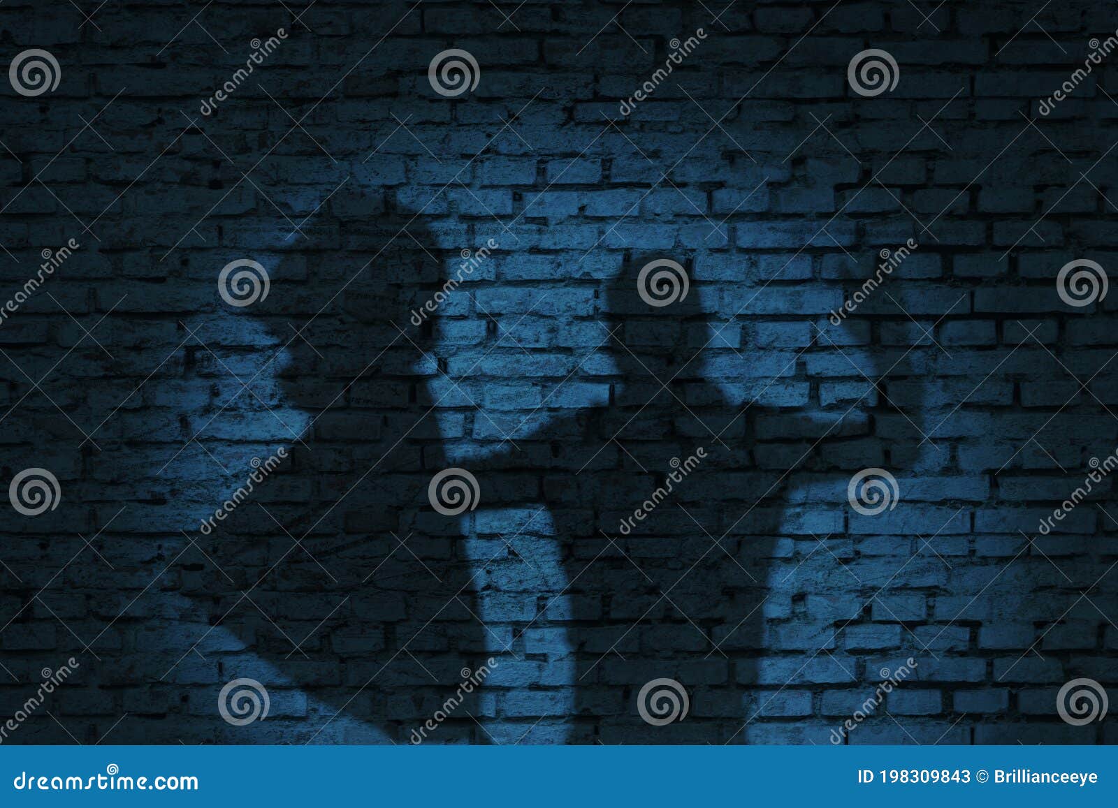 Flashlight Shadowing on Brick Wall of a Catching Robber with Moneybag ...