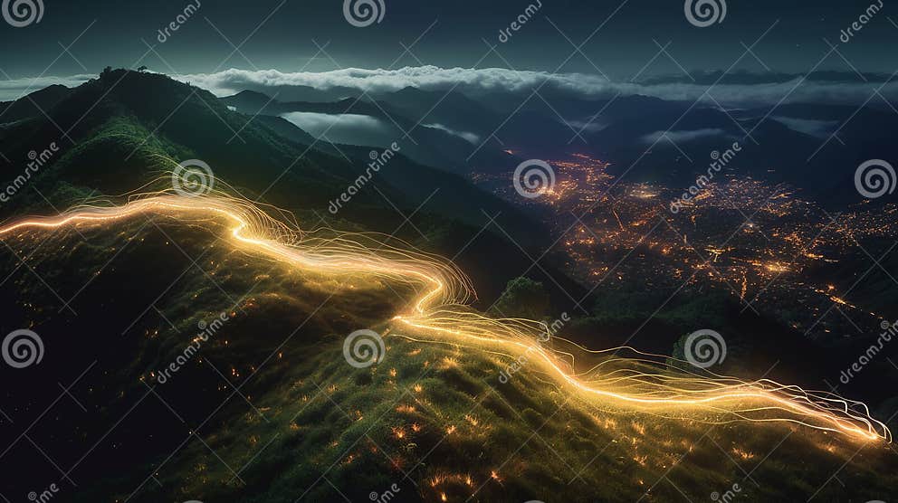 Flashlight Trails on Mountain Path Against High Rocks at Night in ...