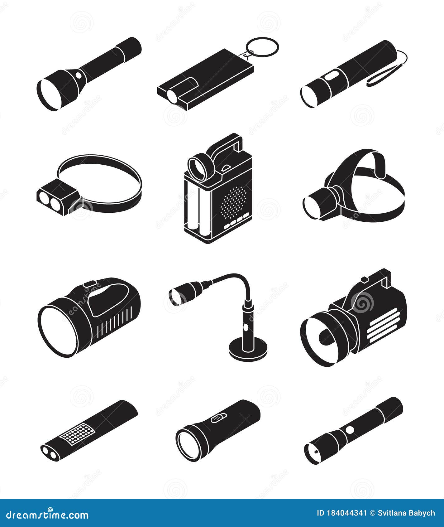 Flashlight Vector Illustration on White Background . Black Set Icon ...