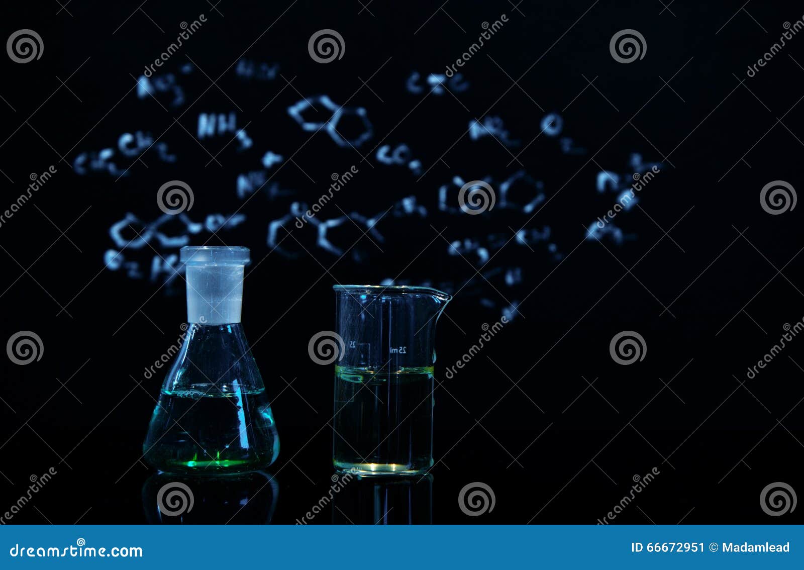 Flask and Beaker in Laboratory Dark Background Stock Image - Image of ...