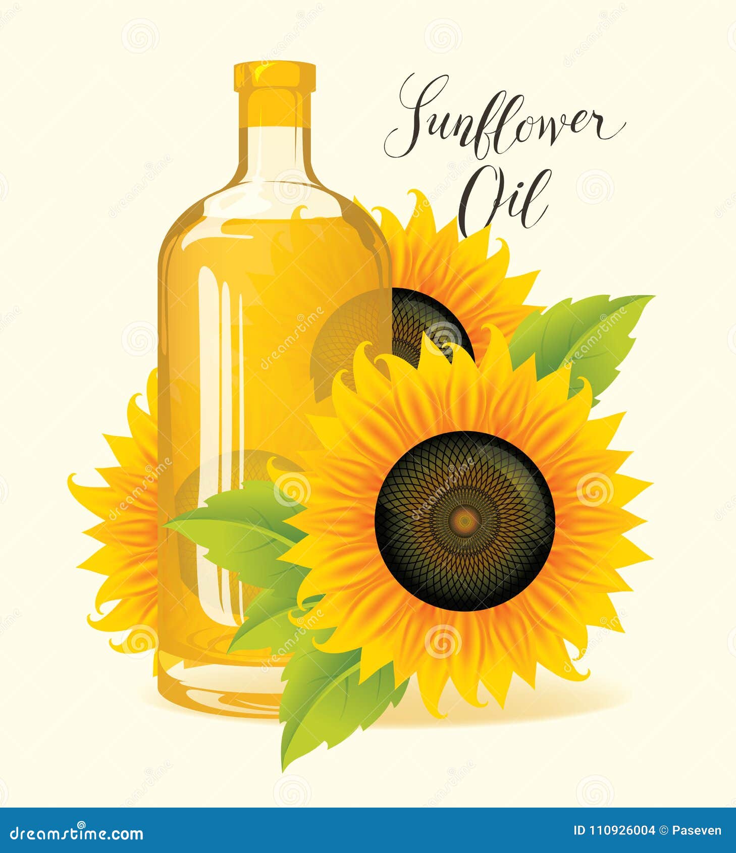 Flaska Av Solrosolja Med Solrosor Och Sidor Vektor Illustrationer ...