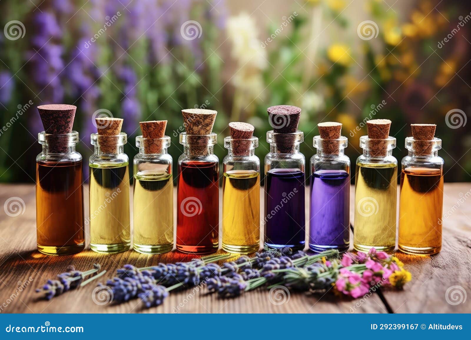 Flasks of Assorted Essential Oils with Floral Backdrop Stock Image ...