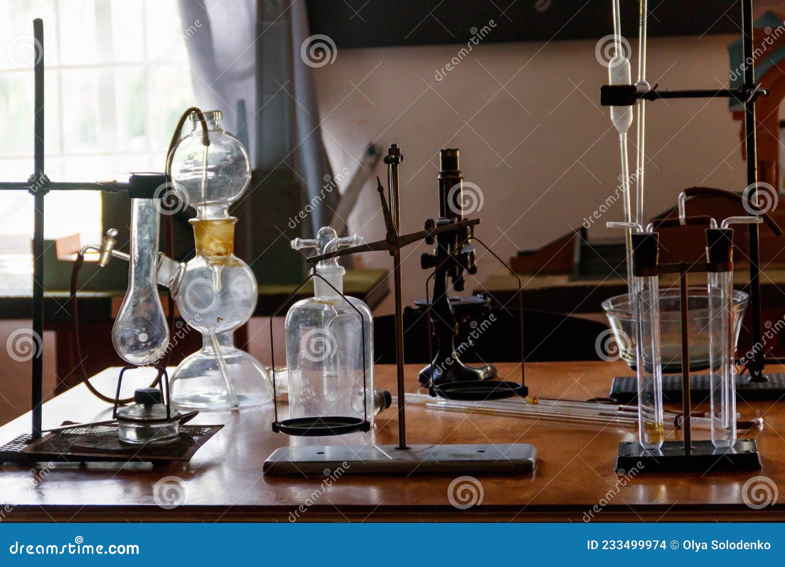 Flasks and Chemical Equipment in Old Laboratory Stock Photo - Image of ...