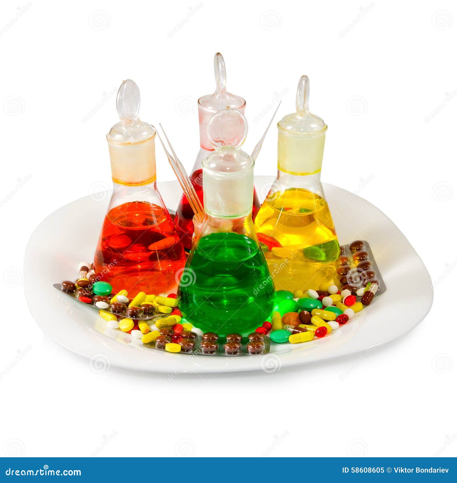 Flasks with Colored Liquid and Tablets Stock Image - Image of group ...