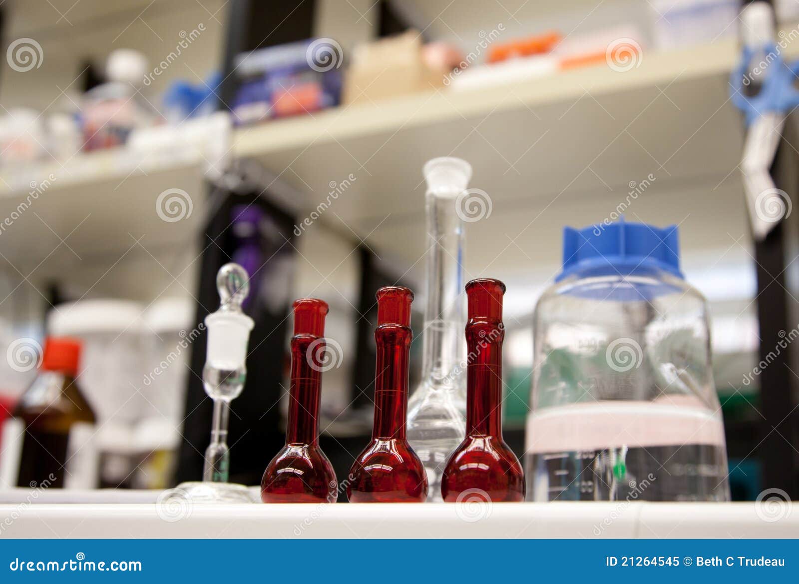 Flasks on a lab bench. stock image. Image of pharmacology - 21264545