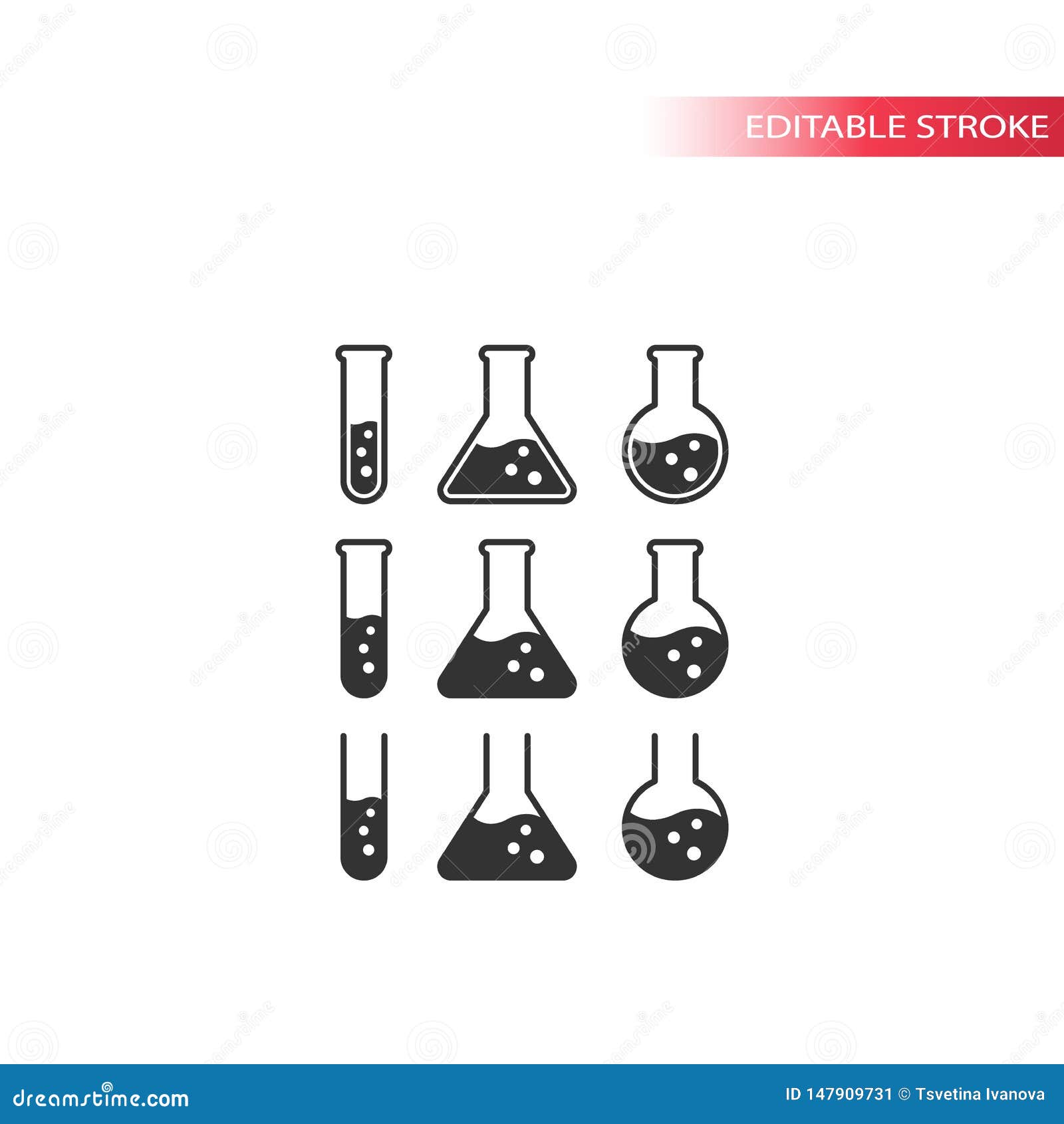 Flasks, Laboratory Glass Black Vector Icon Set with Editable Line ...