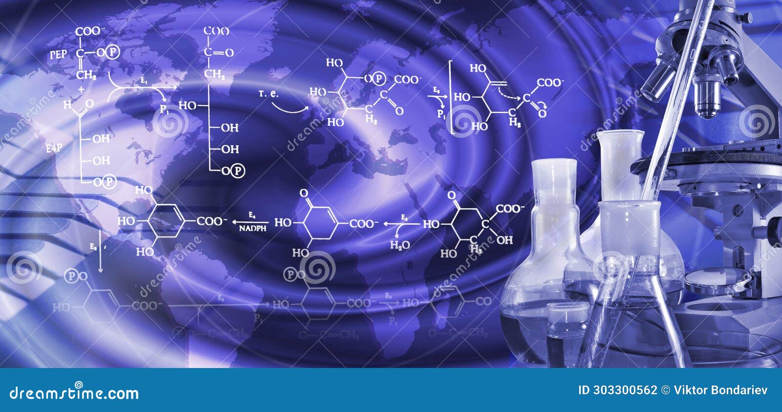 Flasks with Liquid, a Microscope and Chemical Formulas Against the ...