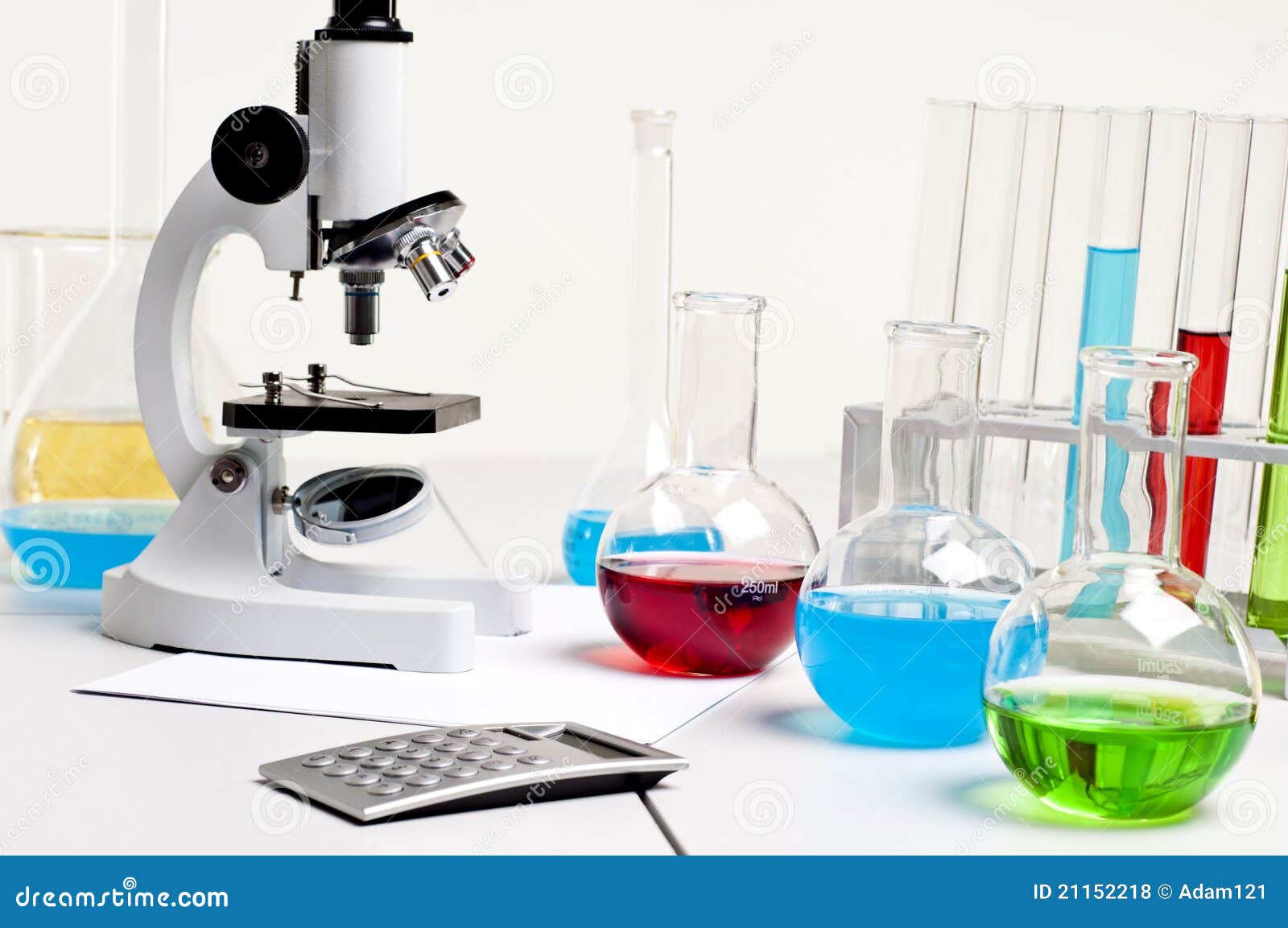 Flasks, Microscope, Calculator, Workplace Stock Photo - Image of ...