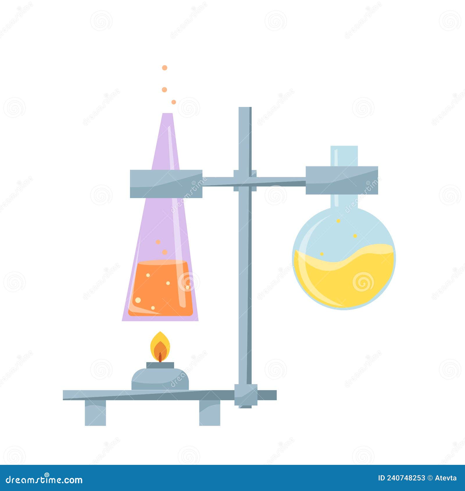 Flasks with Substance. Chemical Experiment with a Burner. the Concept ...