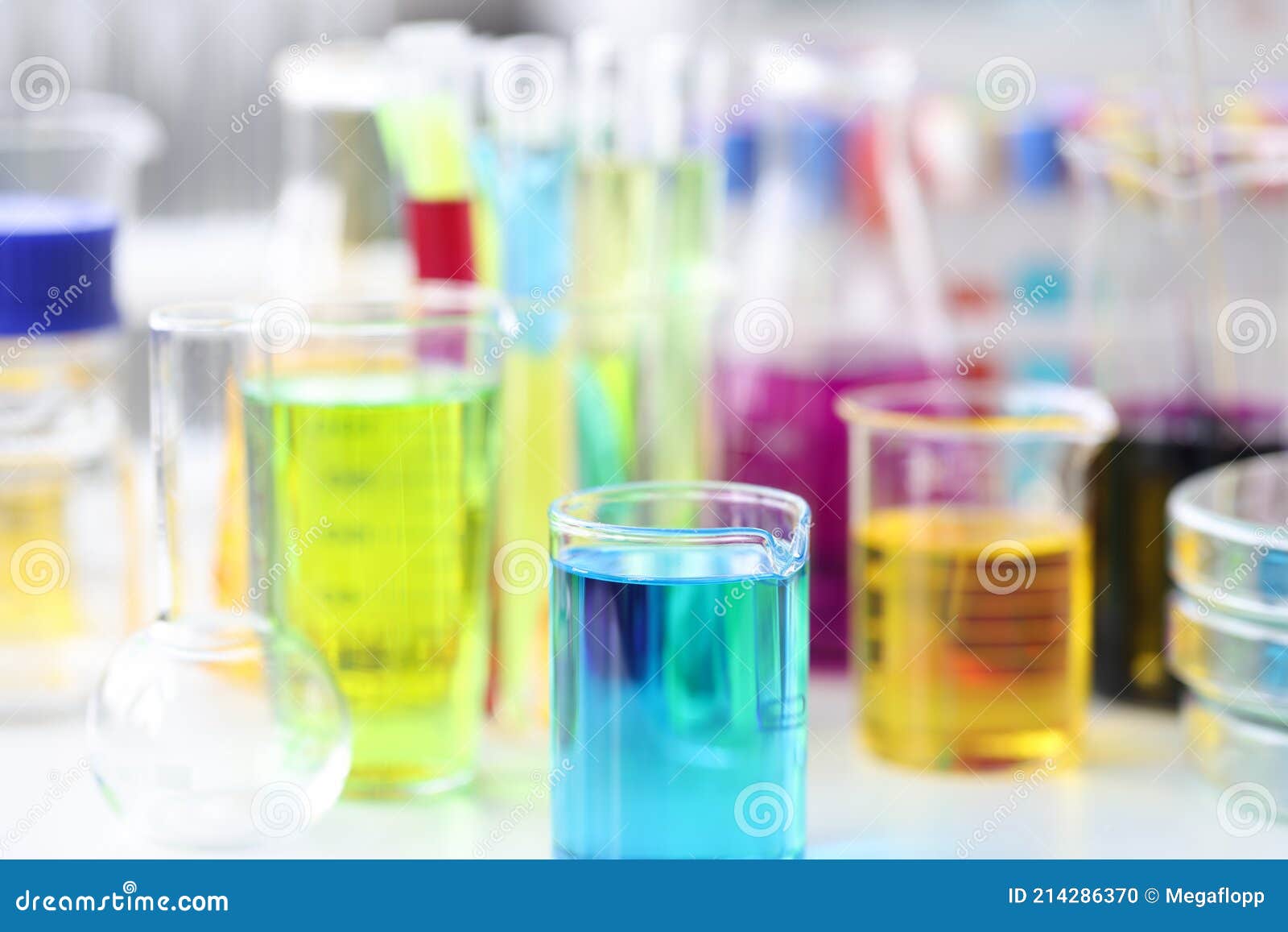 Flasks and Test Tubes with Multicolored Liquid Standing on Table in ...