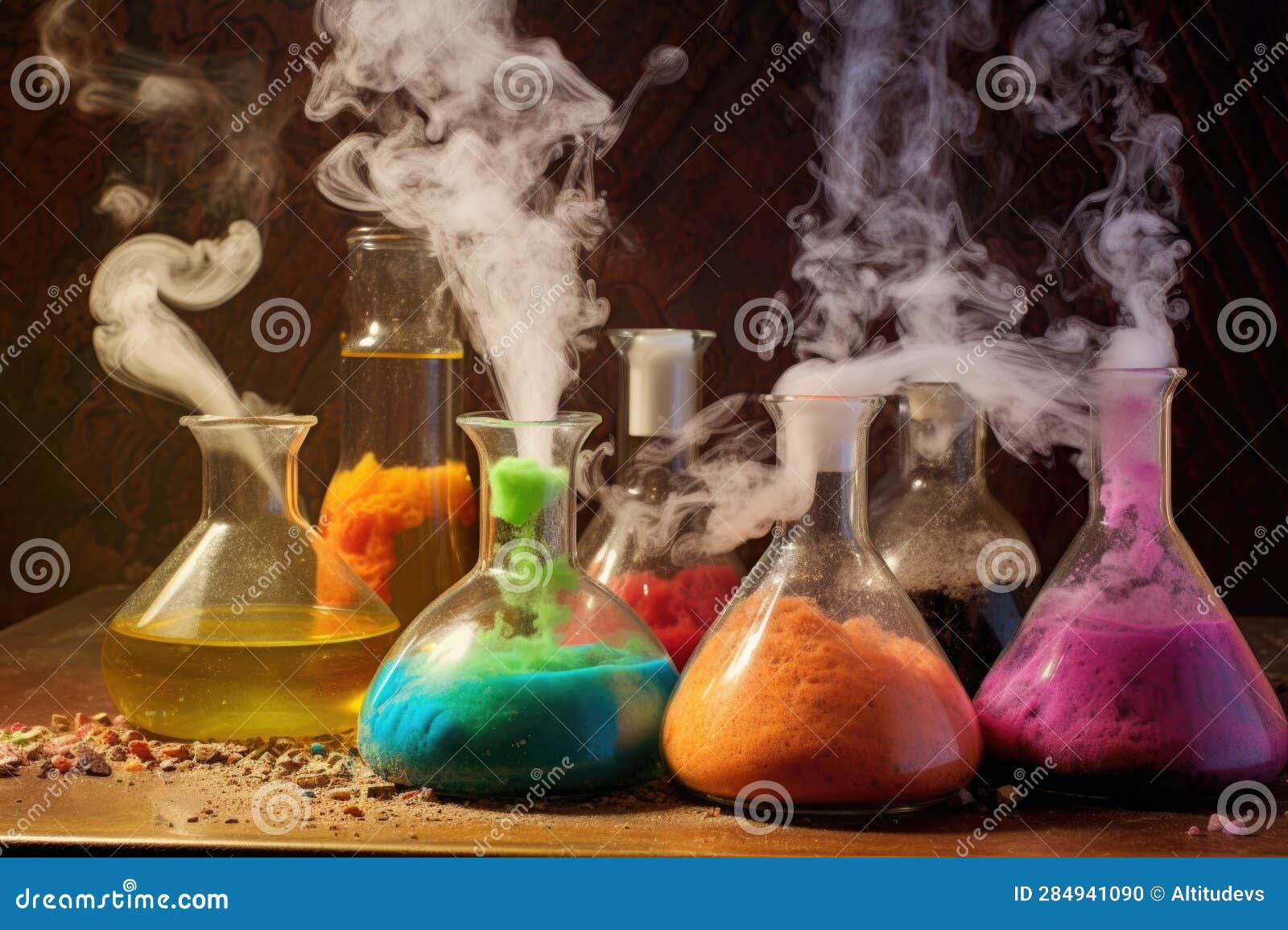Flasks with Various Chemical Substances Emitting Steam Stock Photo ...
