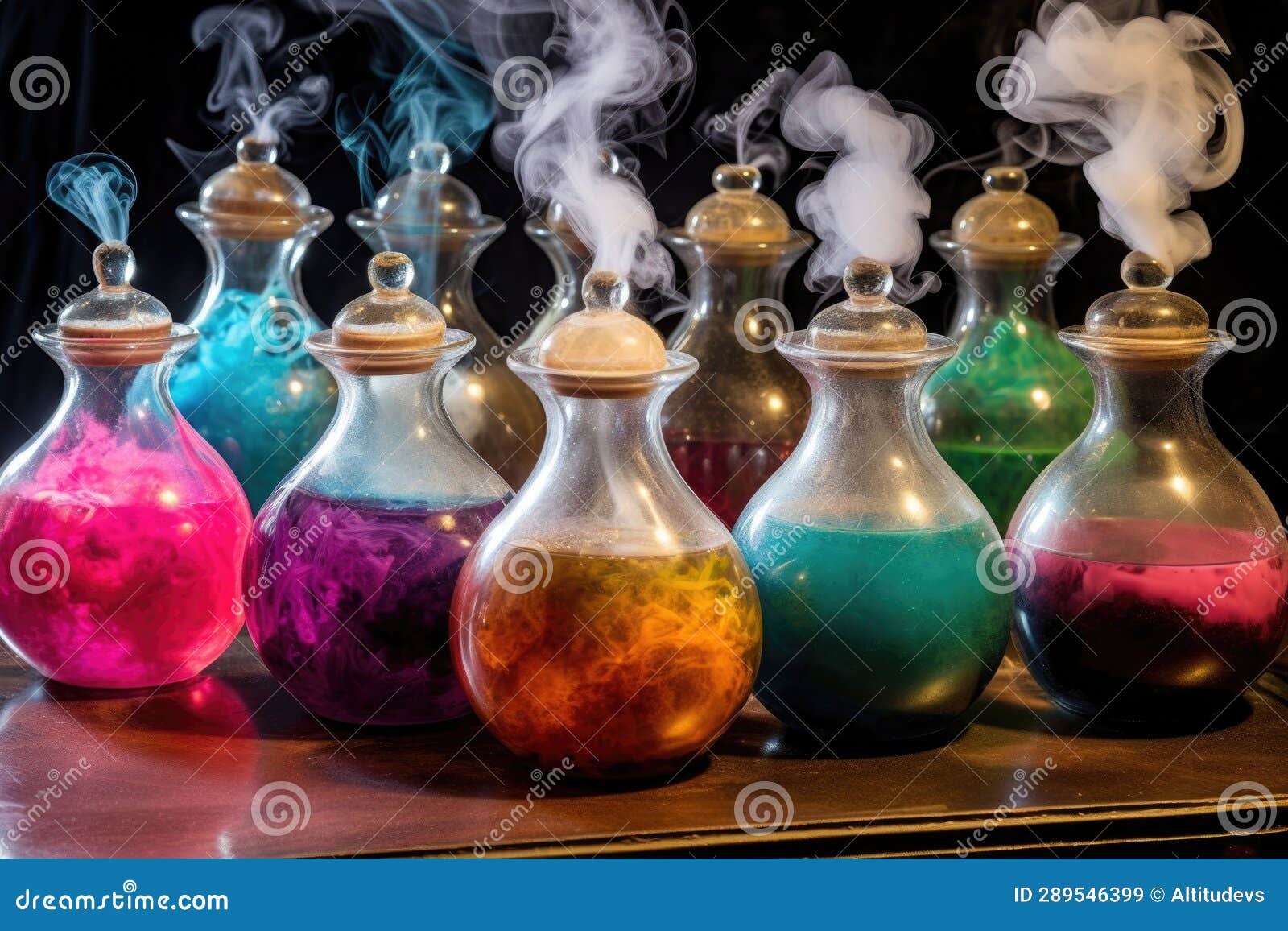 Flasks with Various Chemical Substances Emitting Steam Stock Image ...