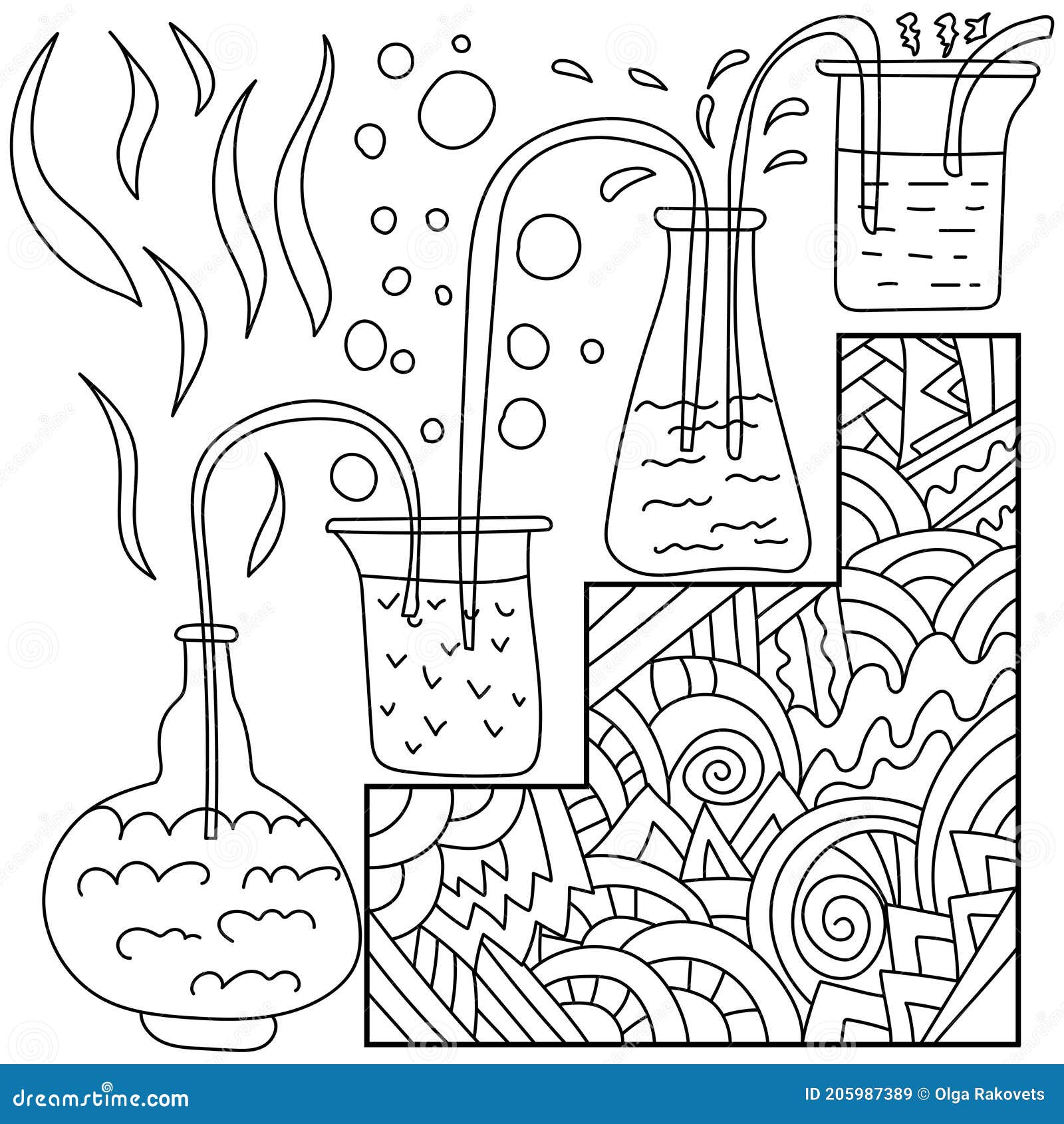 Flasks with Violent Reaction, Antistress Science Coloring Page with Zen ...