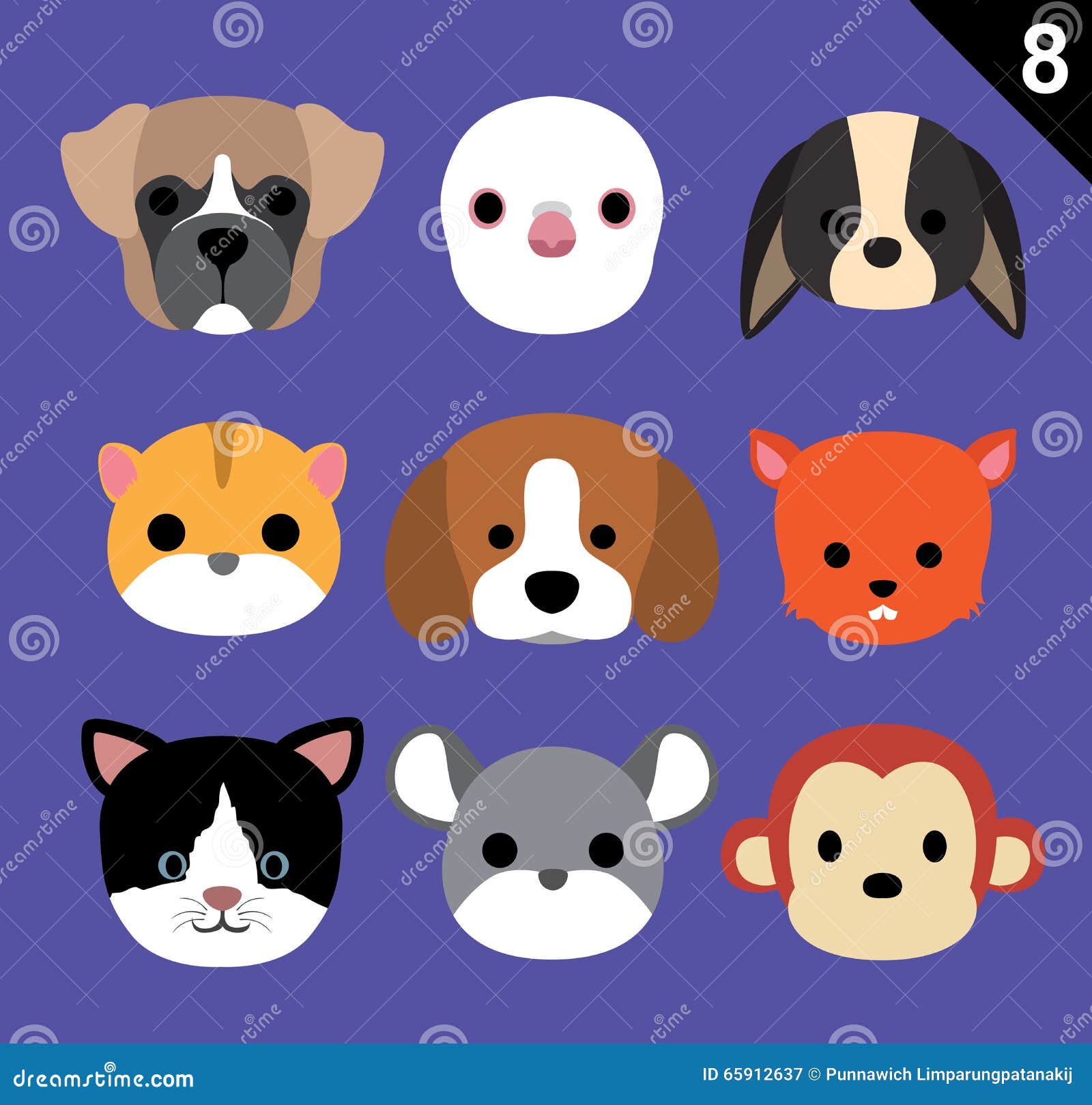 Flat Animal Faces Icon Cartoon Vector Set 8 (Pet) Stock Vector ...