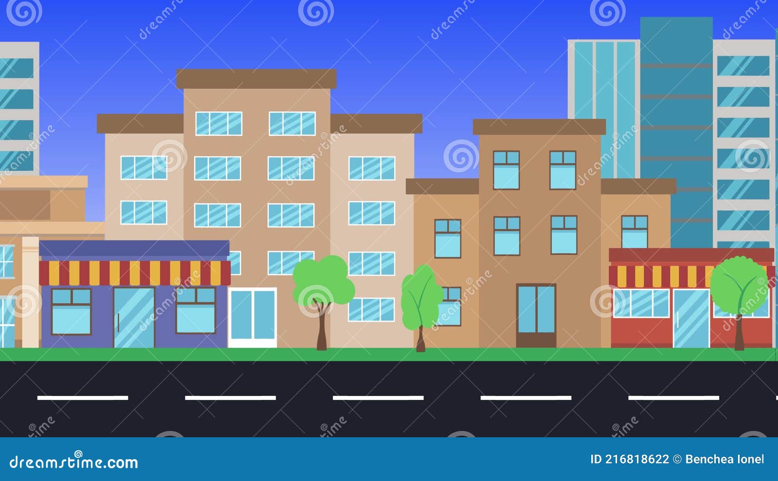 Flat Animation of City Background, Front View of Modern Architectural ...