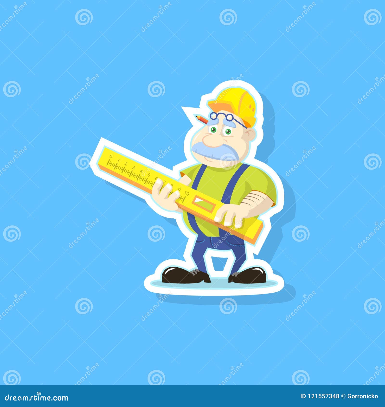 Flat Art Color Illustration of a Cute Cartoon Builder with Ruler Stock ...