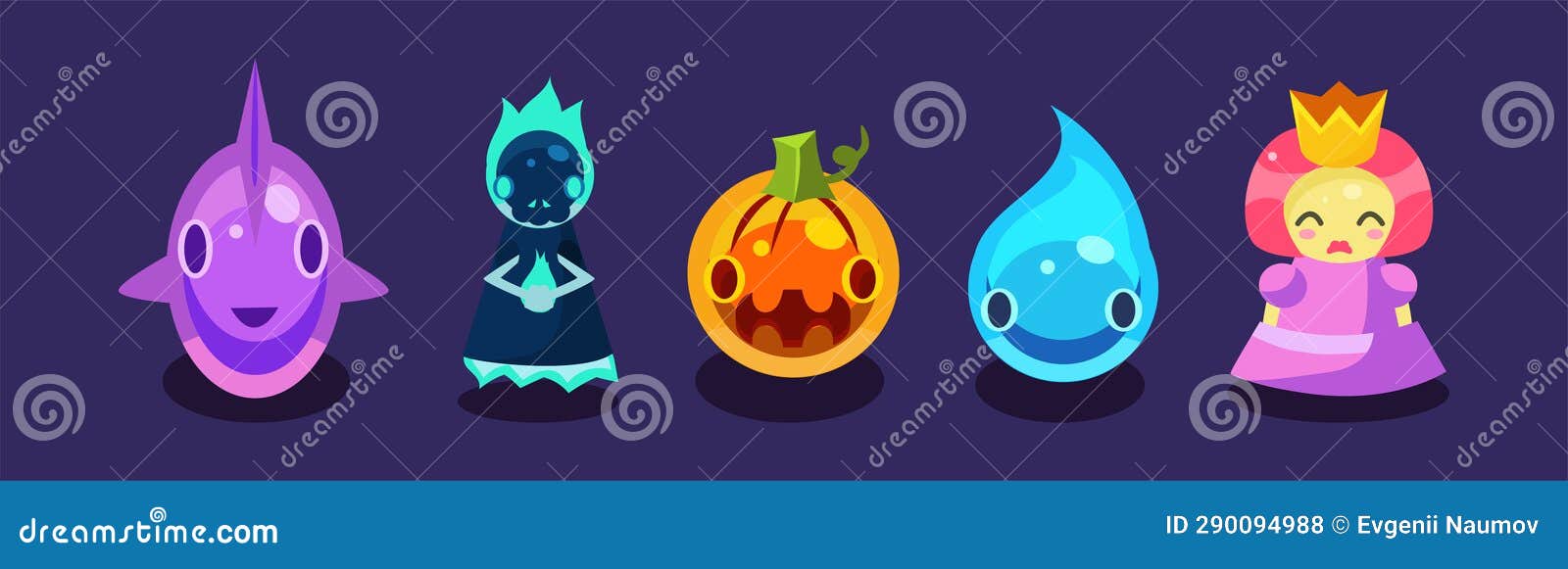 Flat Assets for Mobile Game with Funny Creatures Vector Set Stock ...