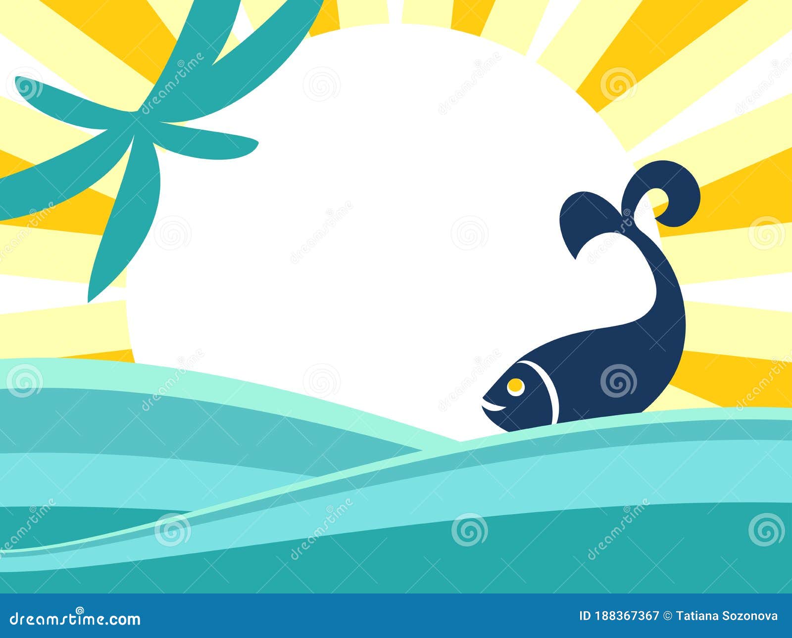 Flat Banner Design with Abstract Waves of the Sea, Sun, Palm Tree, Fish ...