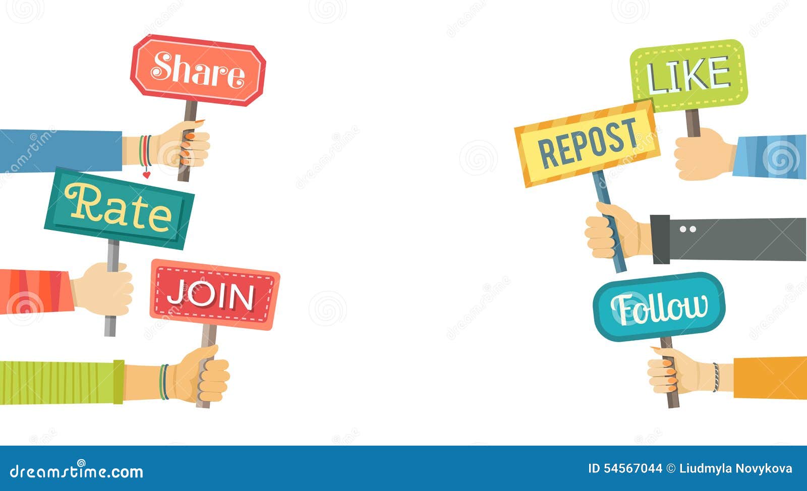 Flat Banner of Hands Holding Signs with Social Actions Stock Vector ...