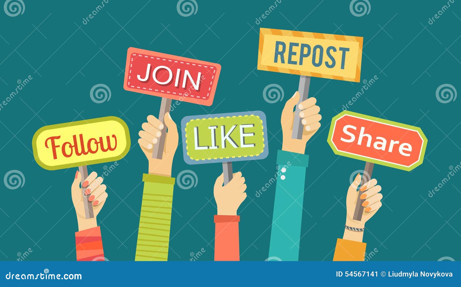 Flat Banner of Hands Holding Signs with Social Activities Stock Vector ...