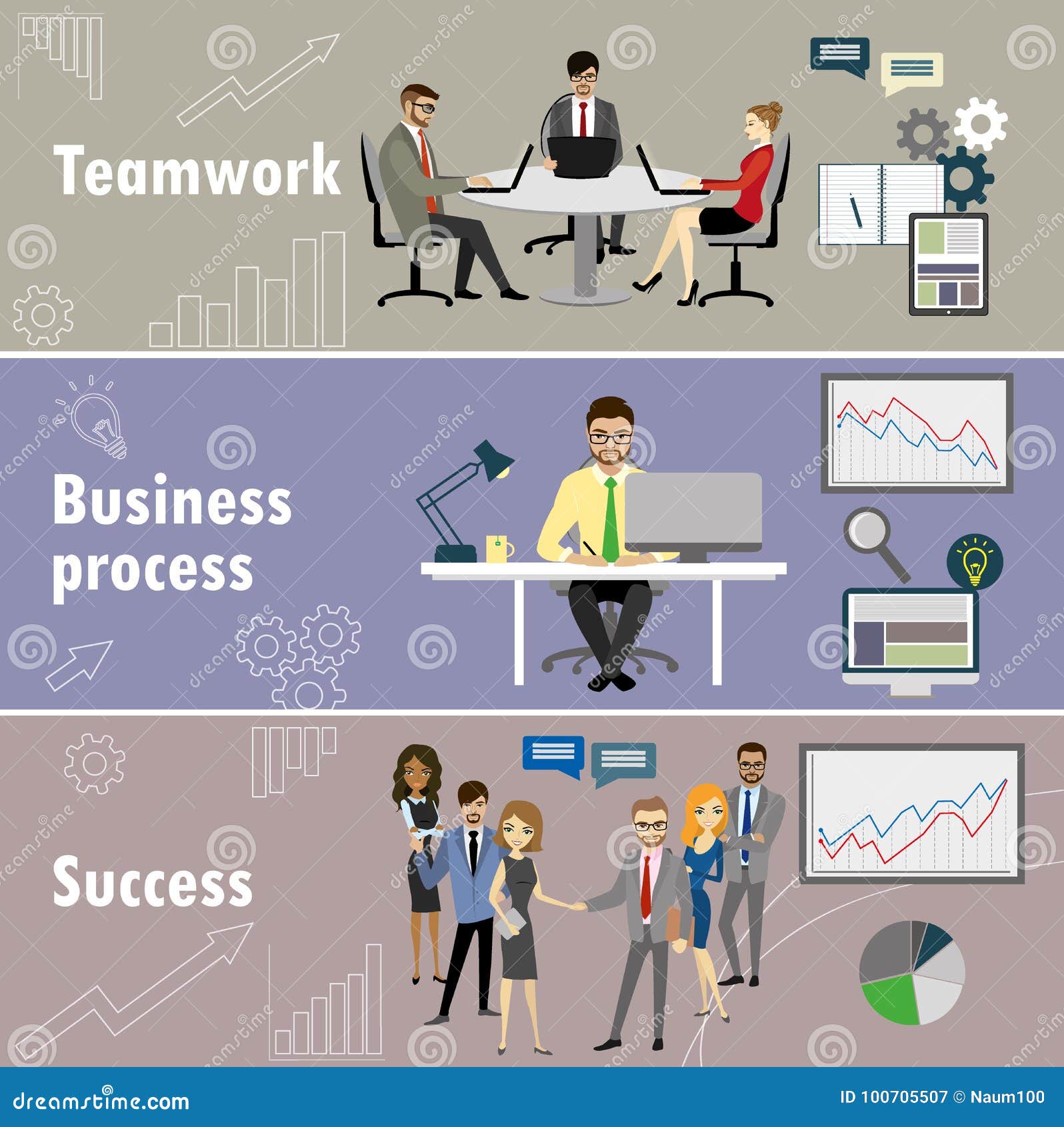 Flat Banner Set with Teamwork, Business Process and Success Stock ...
